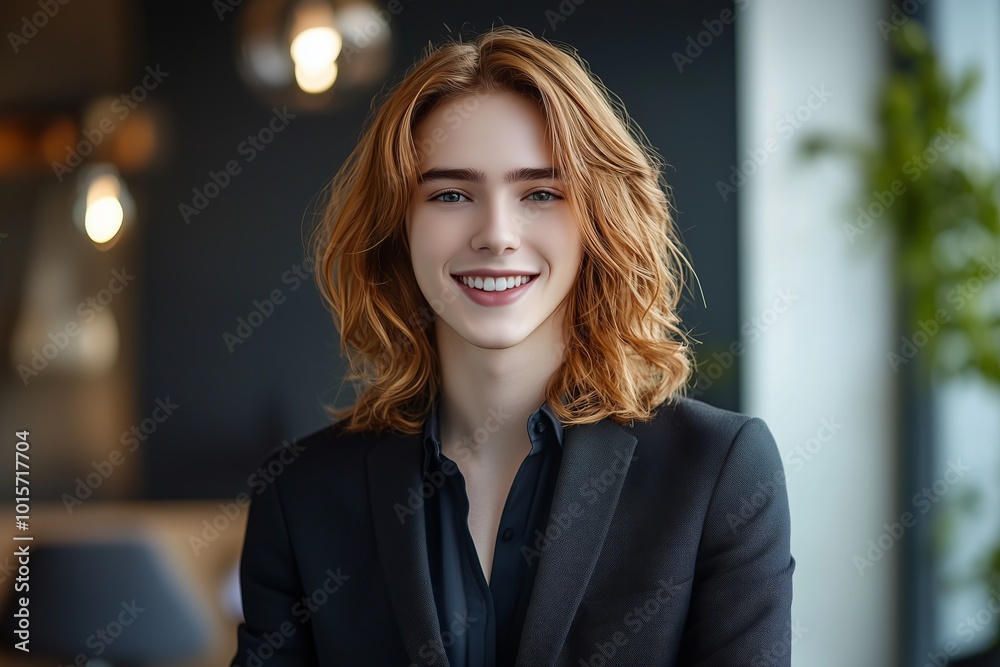 trans woman professional wearing a suit in a modern office, diversity ...