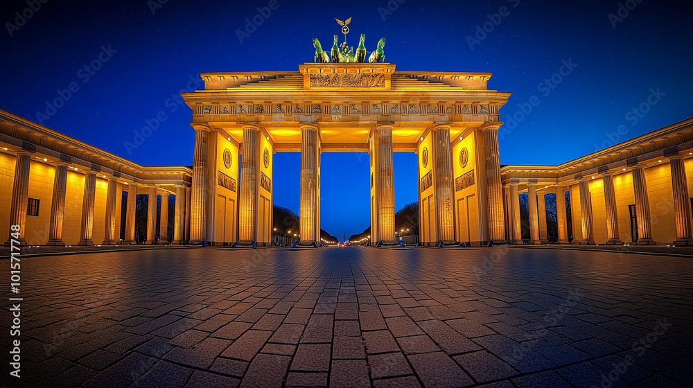 Brandenburg Gate, night view with city lights illuminating the gate ...