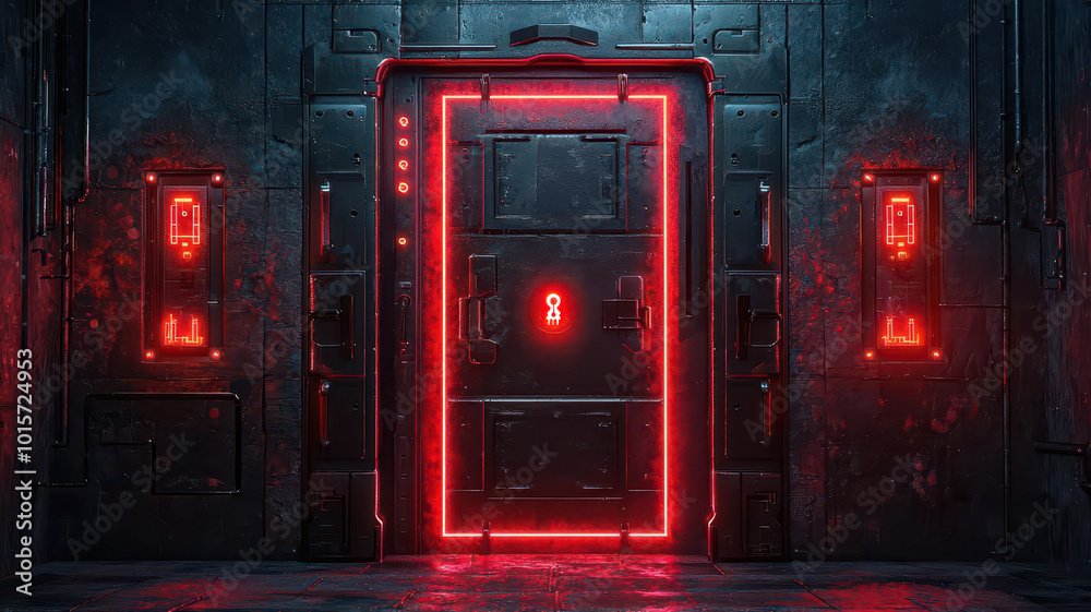 Futuristic prison gate secured by glowing cyber security symbols, with ...