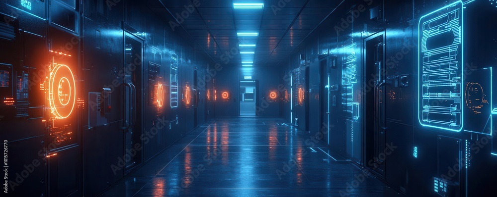 Hightech prison with glowing cyber security icons, displaying digital ...