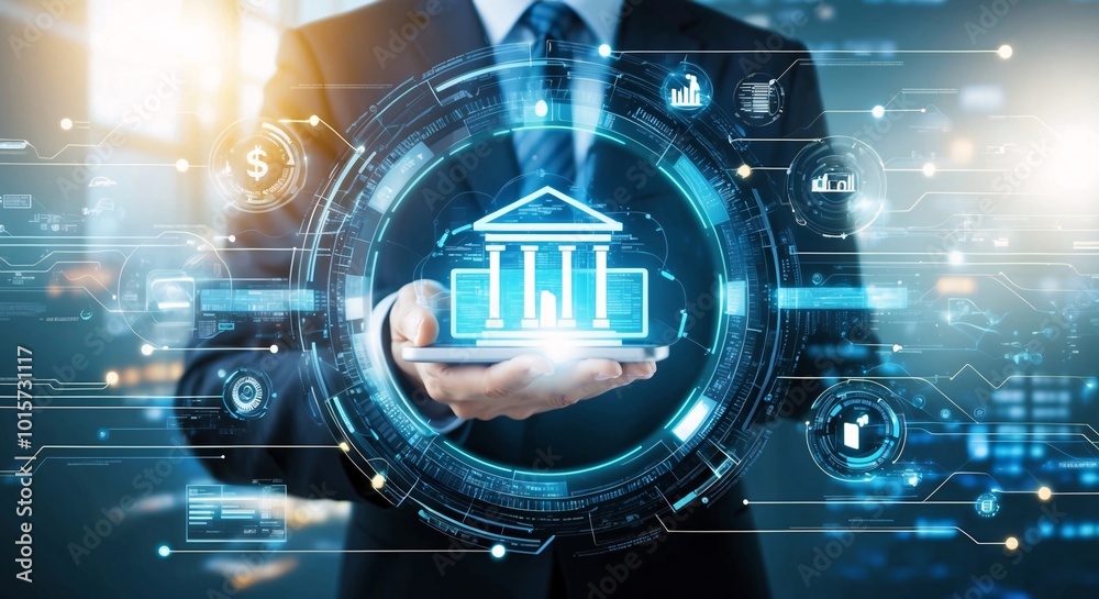 Digital Banking Revolution: Businessman presenting a futuristic digital ...