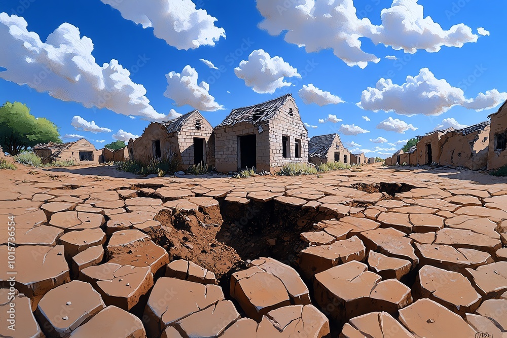 Watercolor depiction of a rural village with broken homes and cracked ...