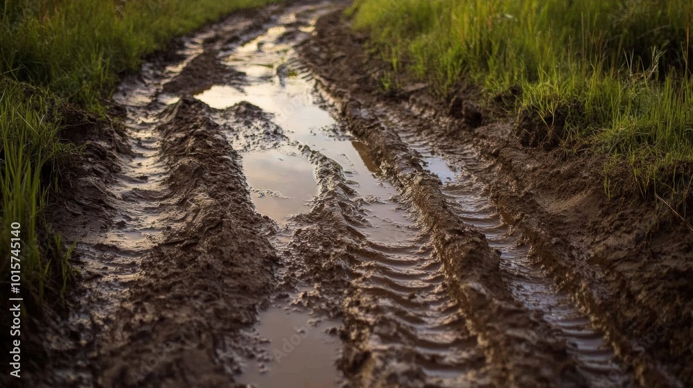 A muddy track through a field, with deep tire marks and puddles of ...