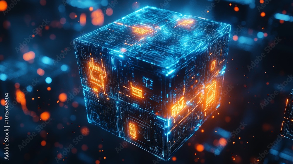 Futuristic floating cube with intricate blue and orange lighting ...