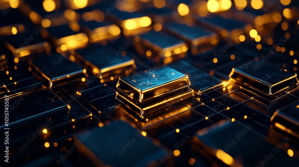 Futuristic gold vault, drone camera view of orderly gold bars glowing ...