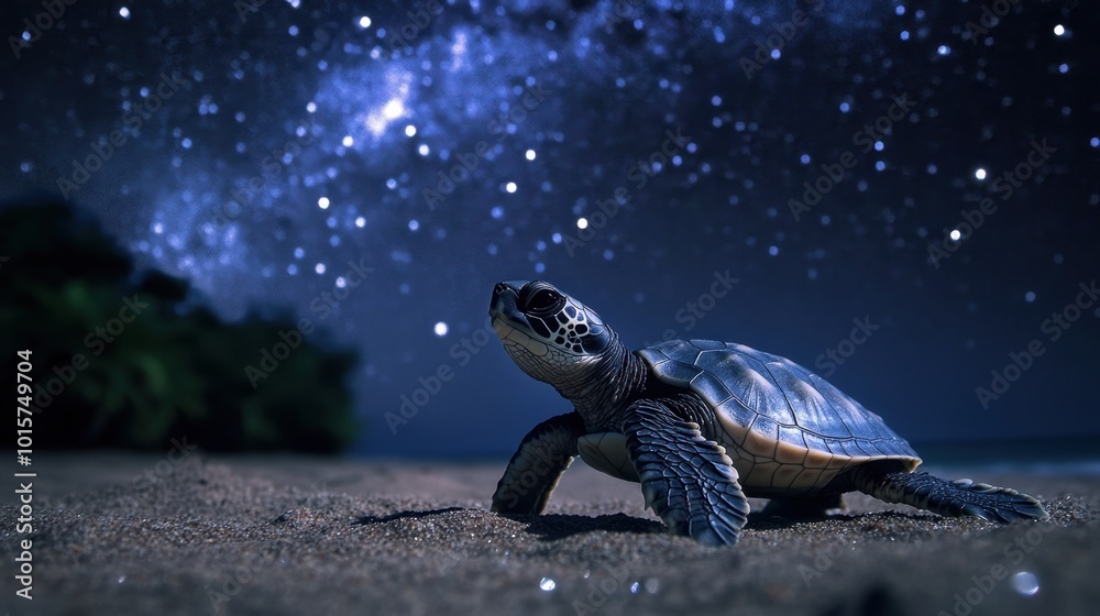 A turtle hatchling taking its first steps towards the ocean under a ...