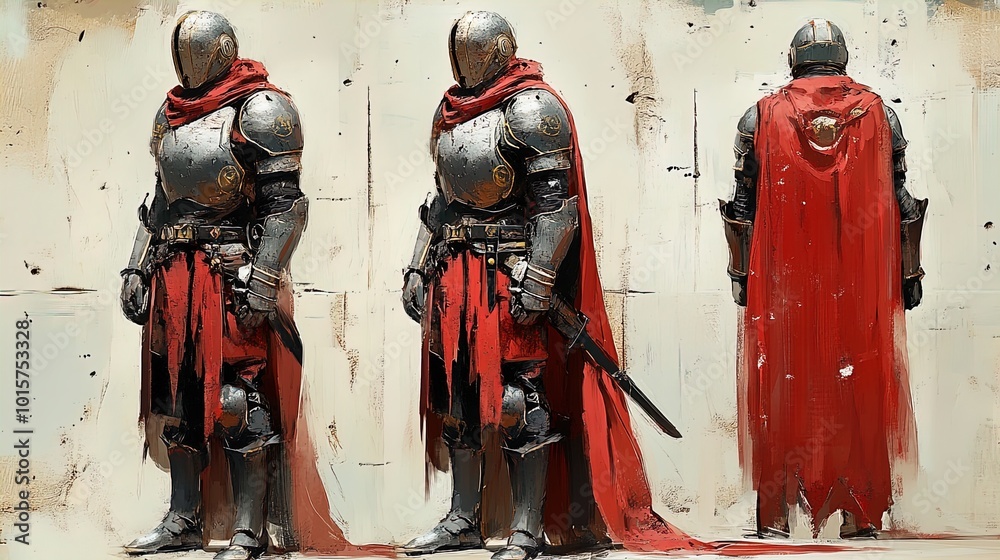 The image features a stylized depiction of a knight in full armor ...
