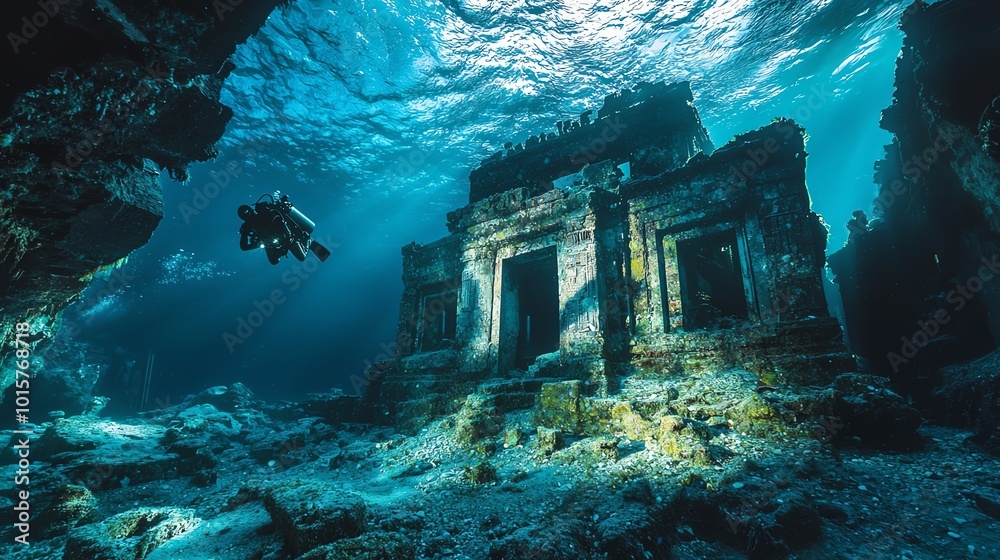 Ancient underwater city ruins with bioluminescent algae, deep ocean ...