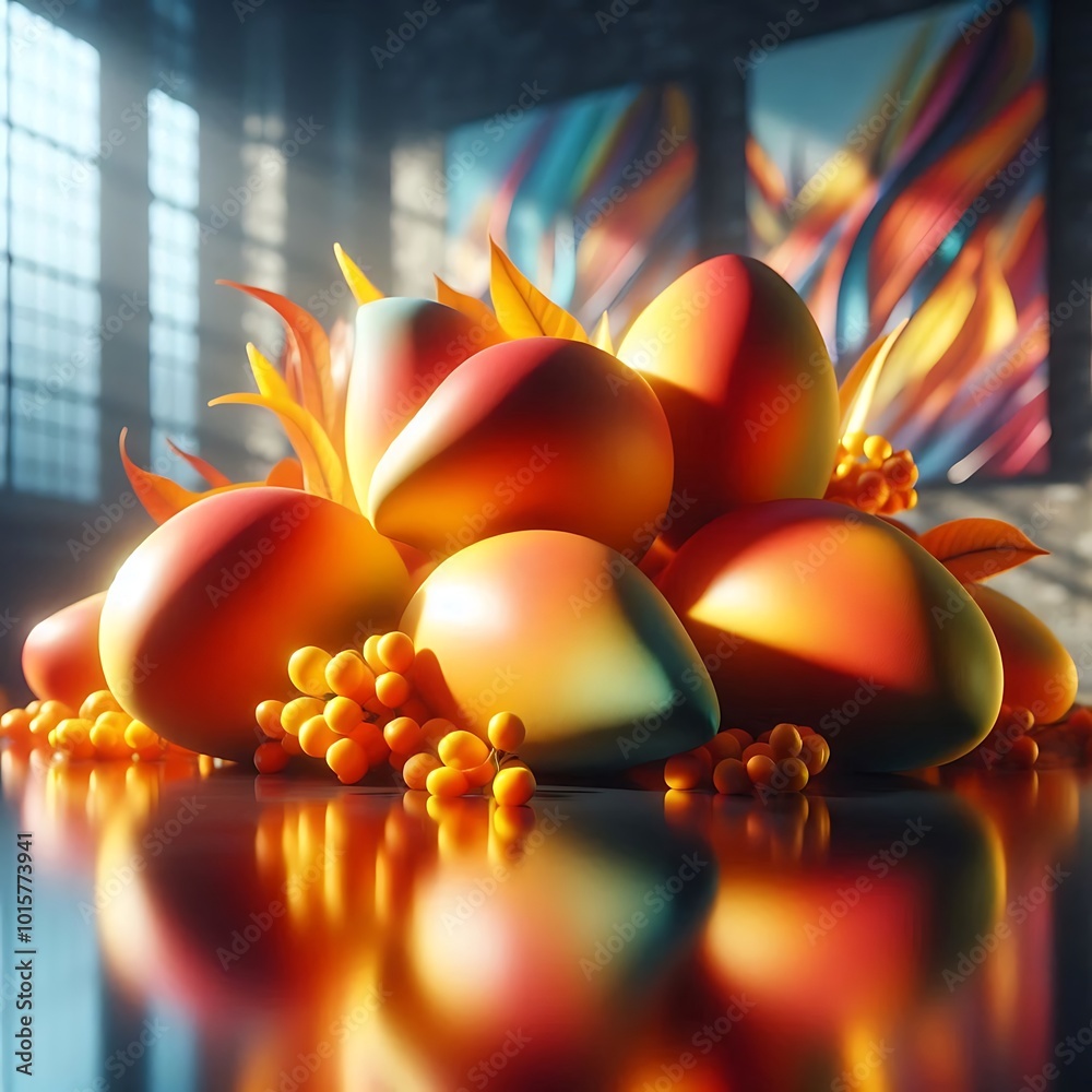 An artistic arrangement of Kesar mangoes on a reflective glass surface ...