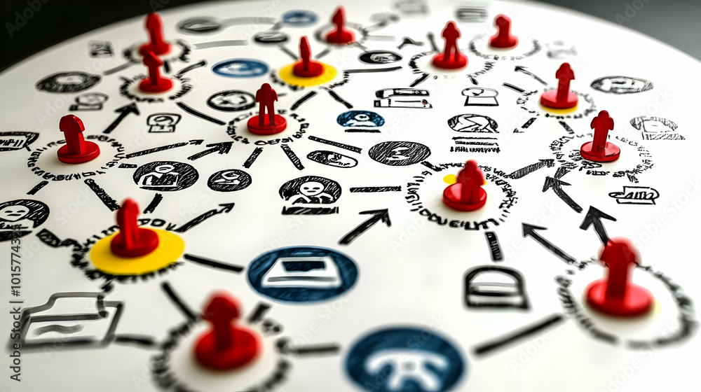 Hand drawn network diagram with red markers, illustrating ...