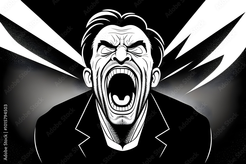 scratch board illustration of a crazy man yelling, screaming, angry ...