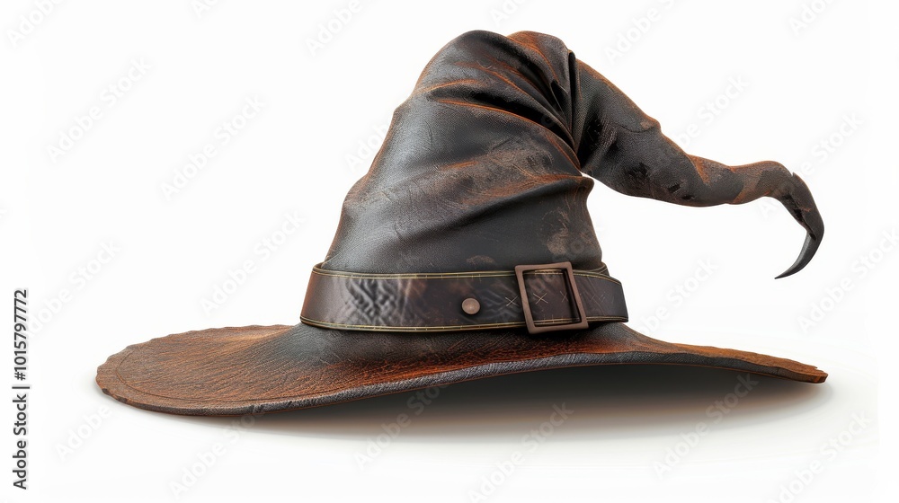 A worn leather wizard hat displayed under soft lighting, showcasing its ...