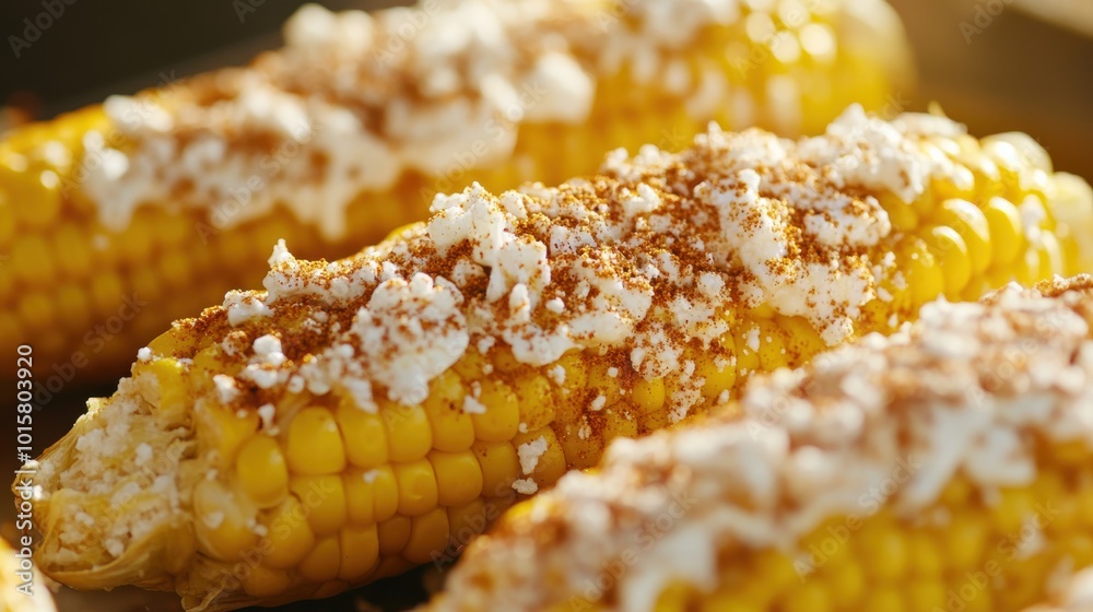 Deliciously seasoned corn on the cob served with toppings on a sunny ...