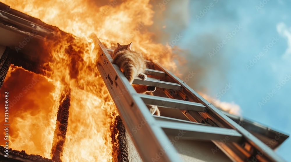 Firefighter rescuing a dog from a burning building, dramatic and heroic ...
