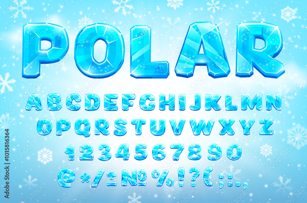 Cartoon blue crystal typeface or ice font with frozen winter type in ...
