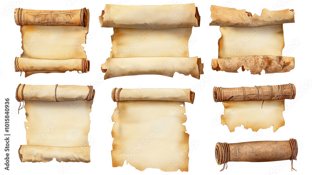 Set of ancient parchment scrolls on transparent background, Set of ...