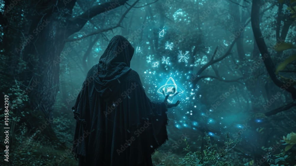 A mysterious sorcerer standing in a dark forest, casting a glowing ...