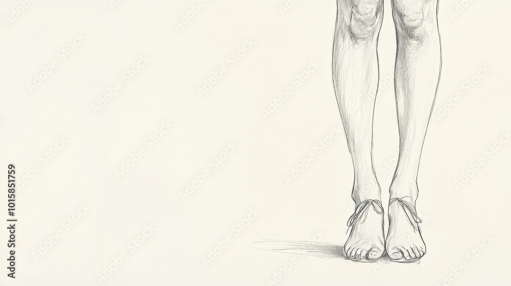 A drawing of a woman's feet standing on tiptoes, with the legs shown up ...