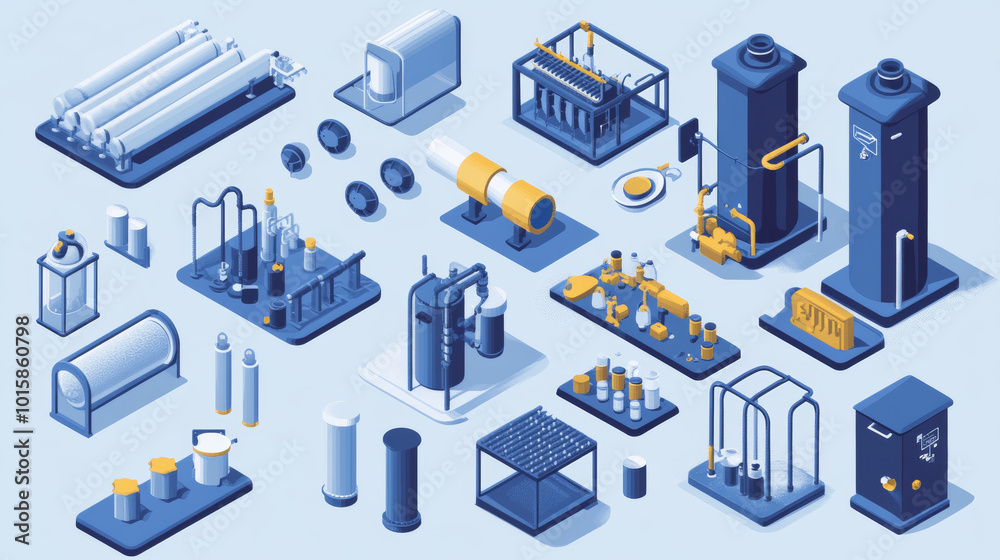 This illustration shows different parts of a water purification system ...