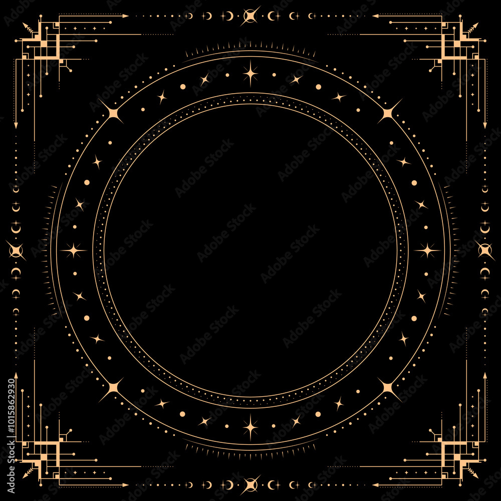 Mystic celestial square frame with golden line border and magic ...