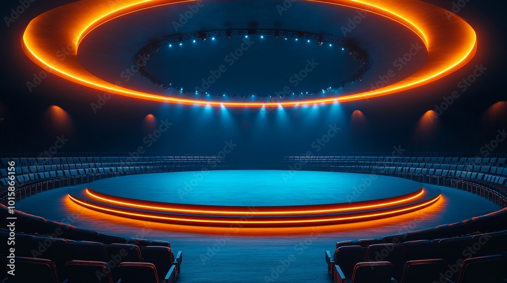 Modern circular theater, audience seated in a complete ring around a ...