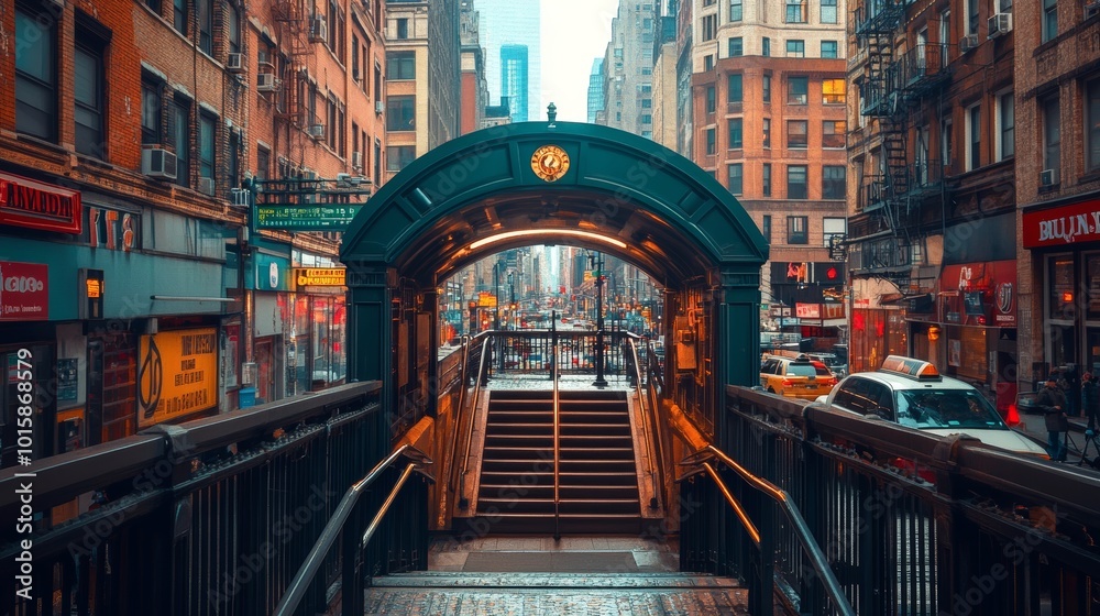 Wide, round subway entrance with classic stone stairs spiraling ...