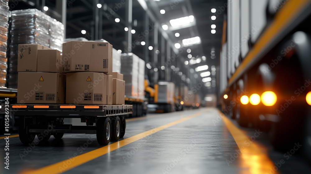 A trolley loaded with boxes sits in front of a line of cargo trucks ...