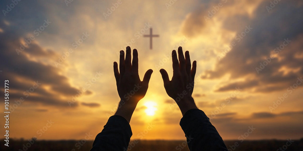 Silhouetted hands in prayer reaching towards a golden horizon, where ...