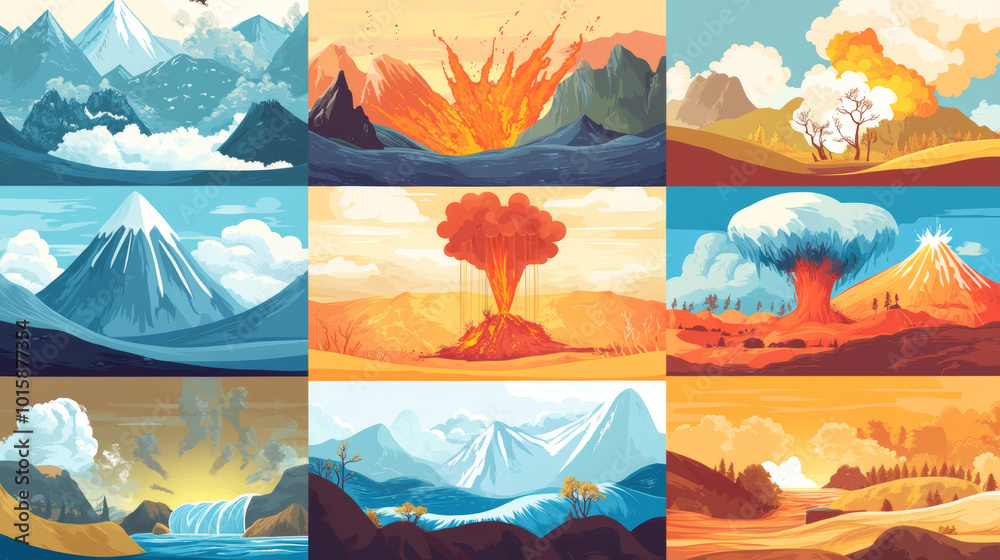 A collection of cartoon illustrations showing different natural ...