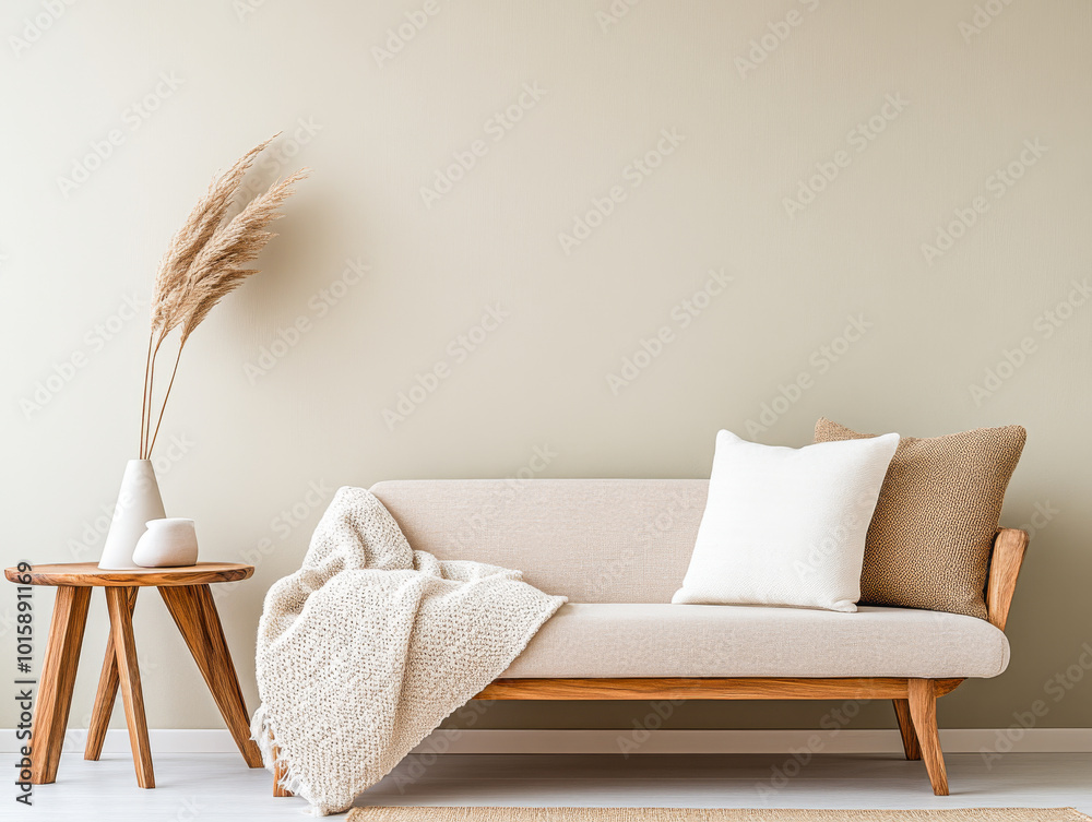 Cozy living room setup with soft textiles and natural elements in a ...