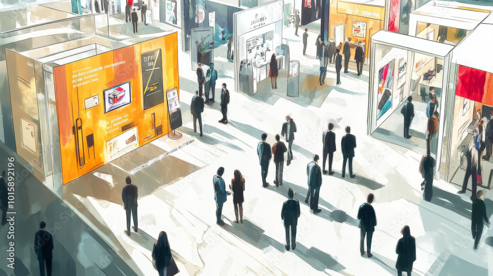 A drawing of a trade show floor, showing different booths with people ...