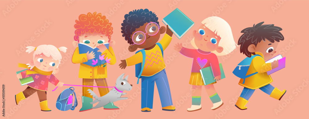 Collection of multiracial children characters reading books and ...