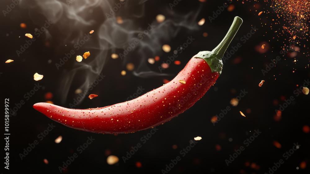A single red chili pepper with chili flakes flying around it, shown in ...