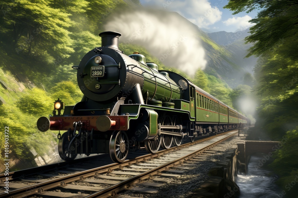 Foto de Classic steam locomotive coming from a green forest, leaving ...