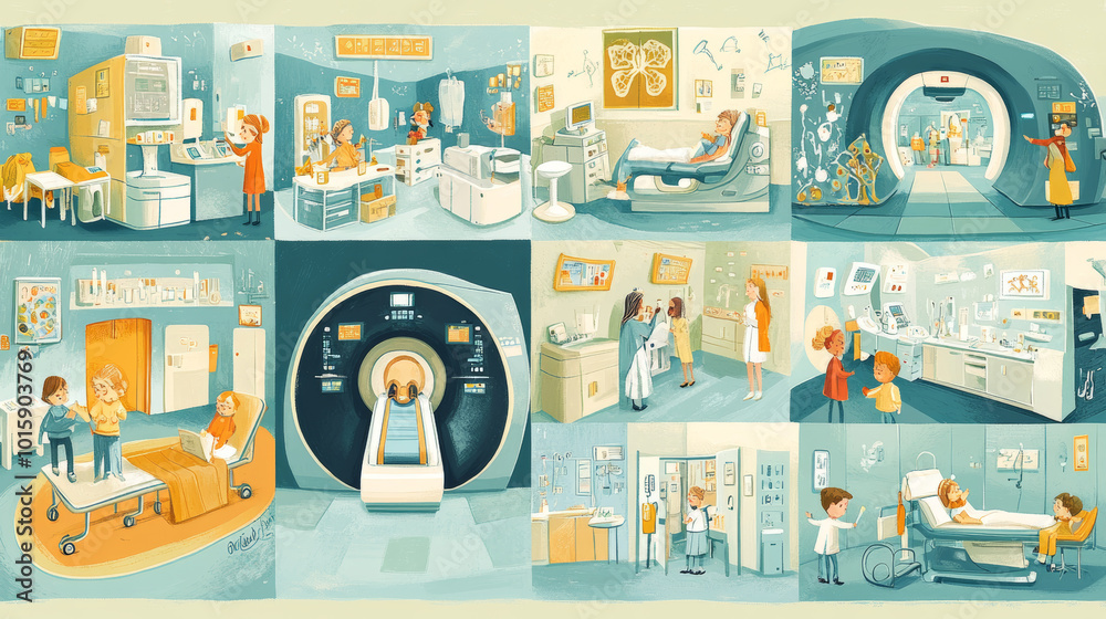 This illustration shows eight different scenes related to cancer care ...