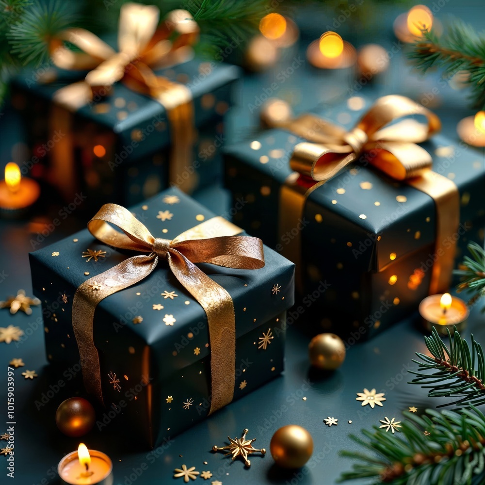 Architect's Christmas. Gift boxes with gold ribbons on architectural ...