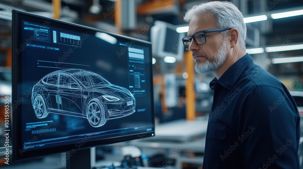 Engineer reviews a detailed automotive design on a screen in a modern ...