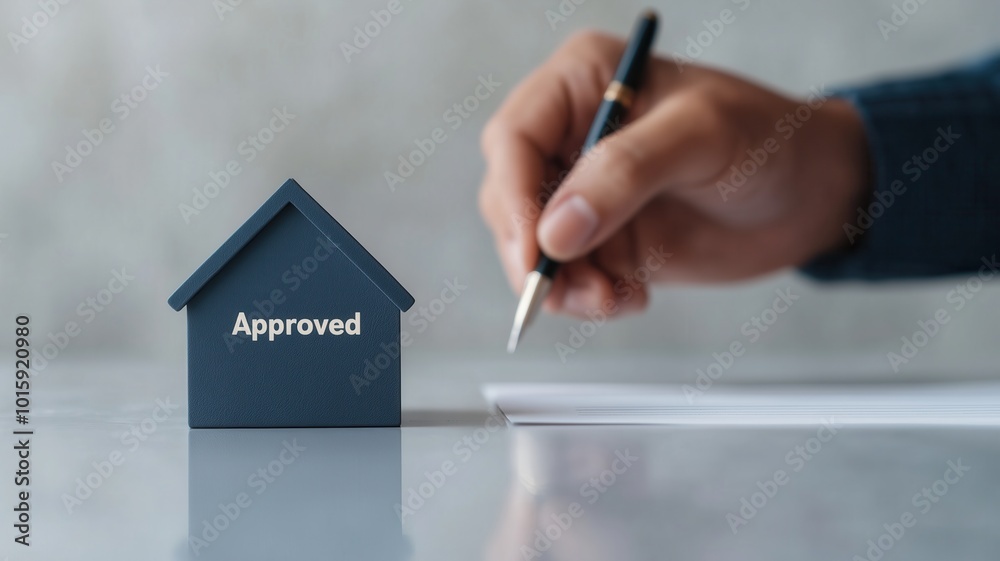 A hand signing a document with a small house model labeled 'Approved ...