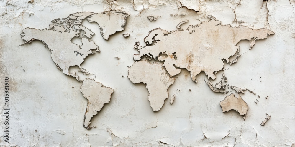 Grunge texture vintage collage world map, earth flat view made of urban ...