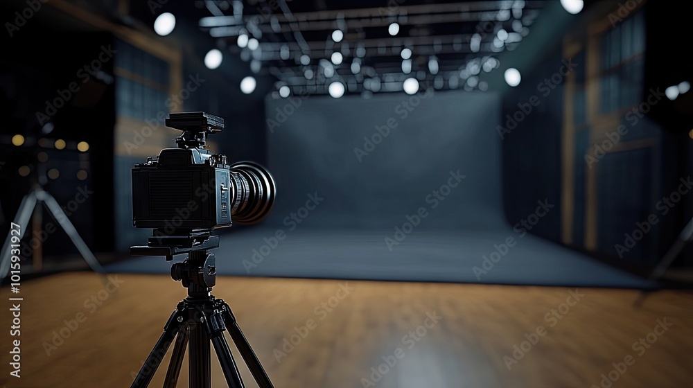 Camera on a tripod in a professional studio setup with soft lighting ...