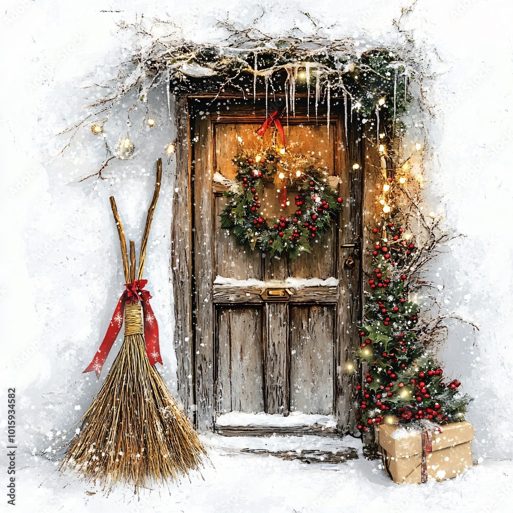 Magical Christmas Butcher’s Broom with Gold and Silver Ribbons Leaning ...