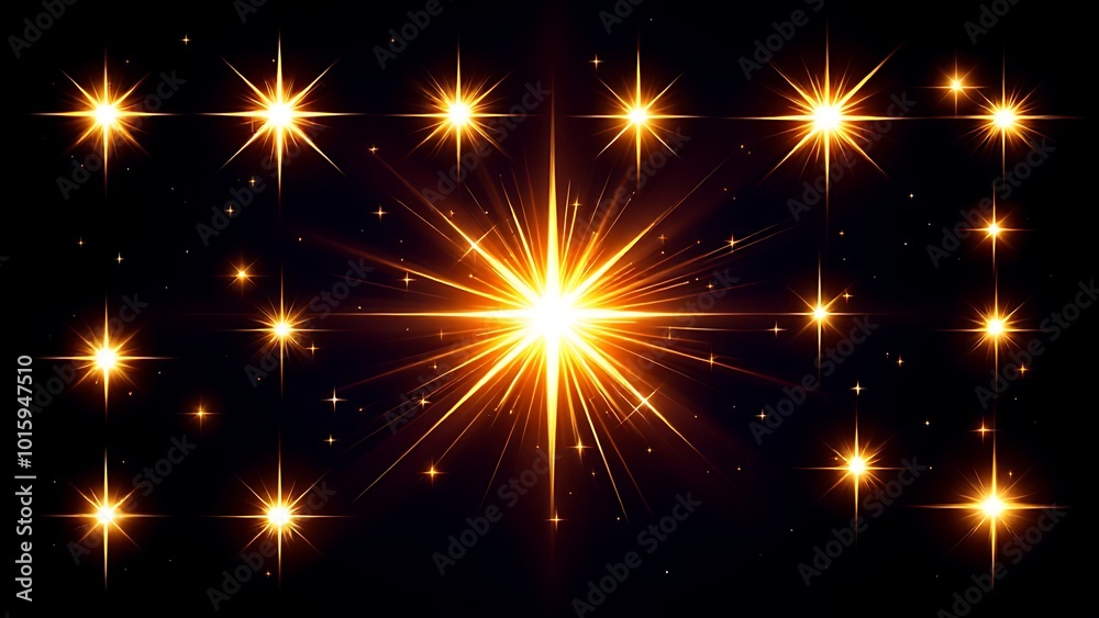 Bright glowing stars in a dark night sky, with one central star shining ...