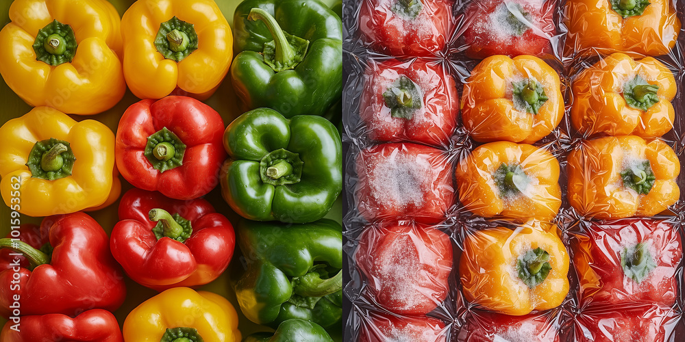 A side-by-side view of fresh red, yellow, and green bell peppers next ...