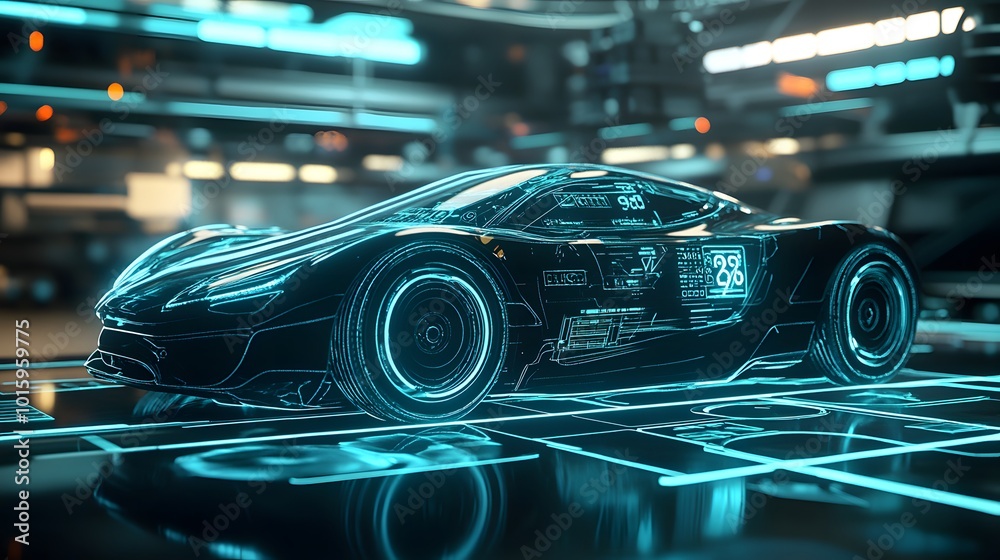 Concept of smart car technology. Car isometric hologram, in HUD style ...