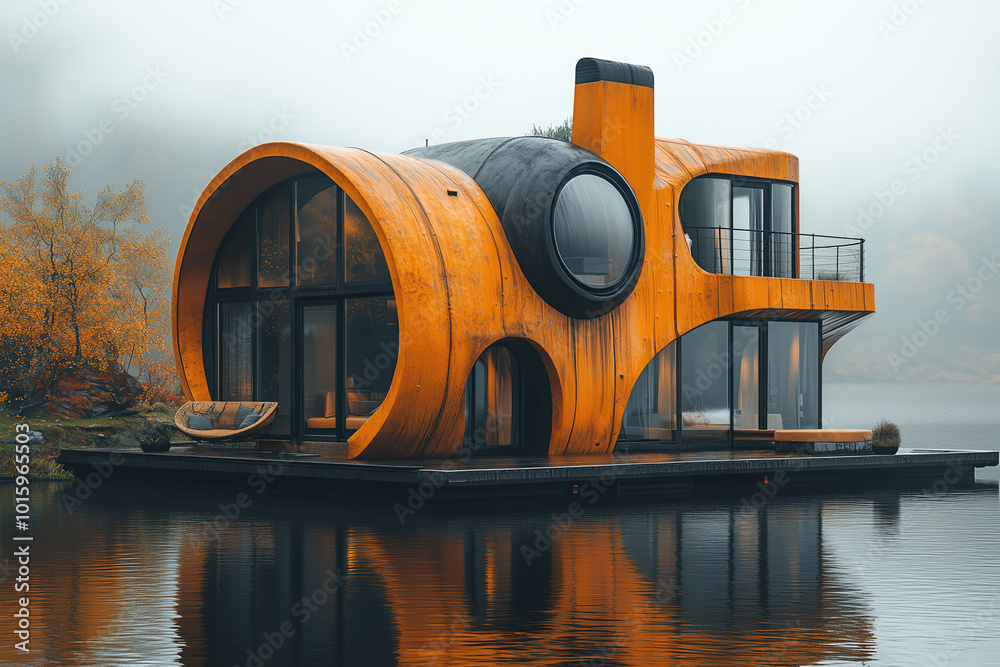 architecture by ai, houseboat in orange color swimming on water ...