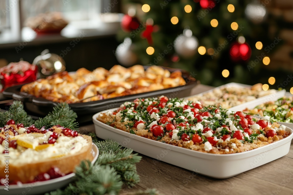 Holiday-themed potluck with festive decorations and food. Everyone is ...