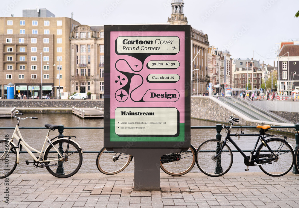 Mockup Of Vertical Customizable Poster And Bikes On Railing Stock ...