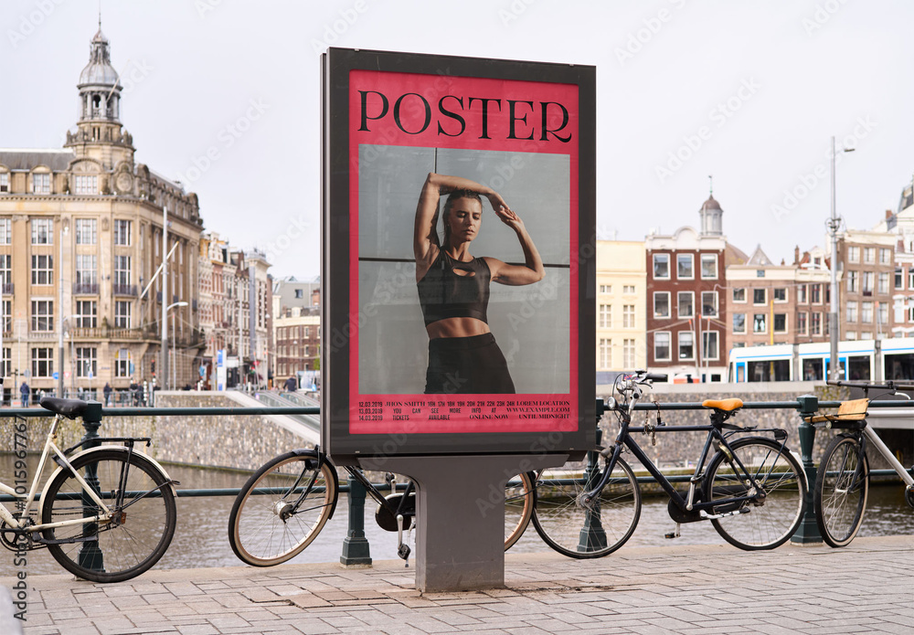 Mockup Of Vertical Customized Poster And Bikes On Railing Stock ...