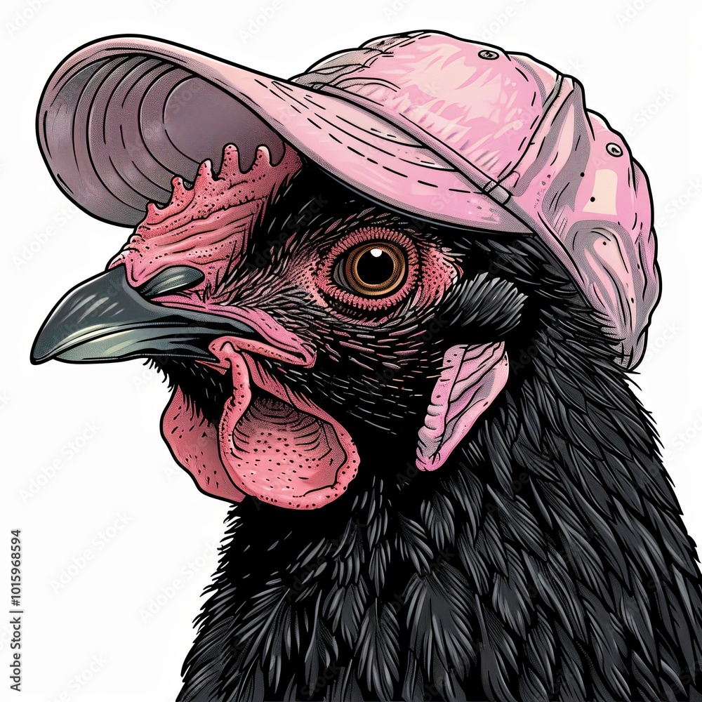Stylized Black Chicken Wearing Pink Baseball Cap, Detailed illustration ...