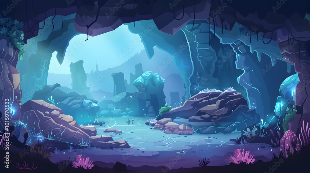 Game platform cartoon underground cave, fantasy world landscape Stock ...